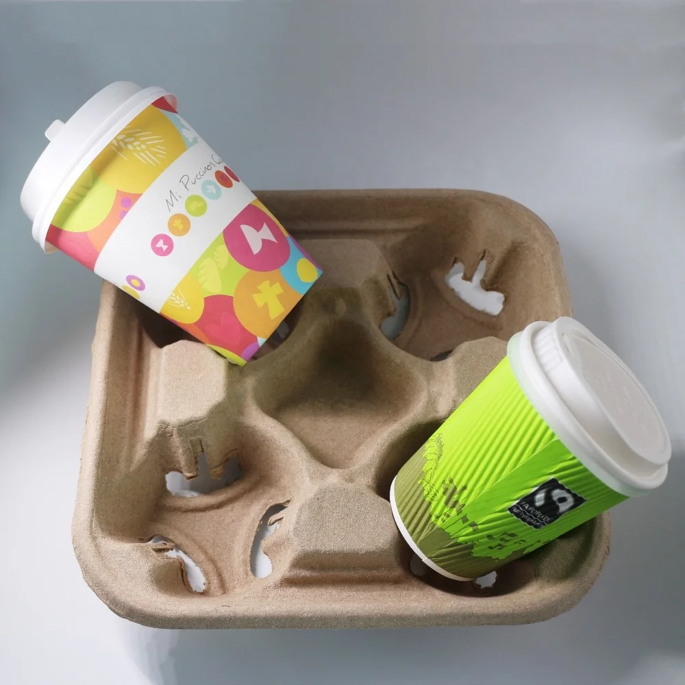 Disposable Pulp Moulded Drink Paper Cup Carrier Holder Tray For 4 Cups ...