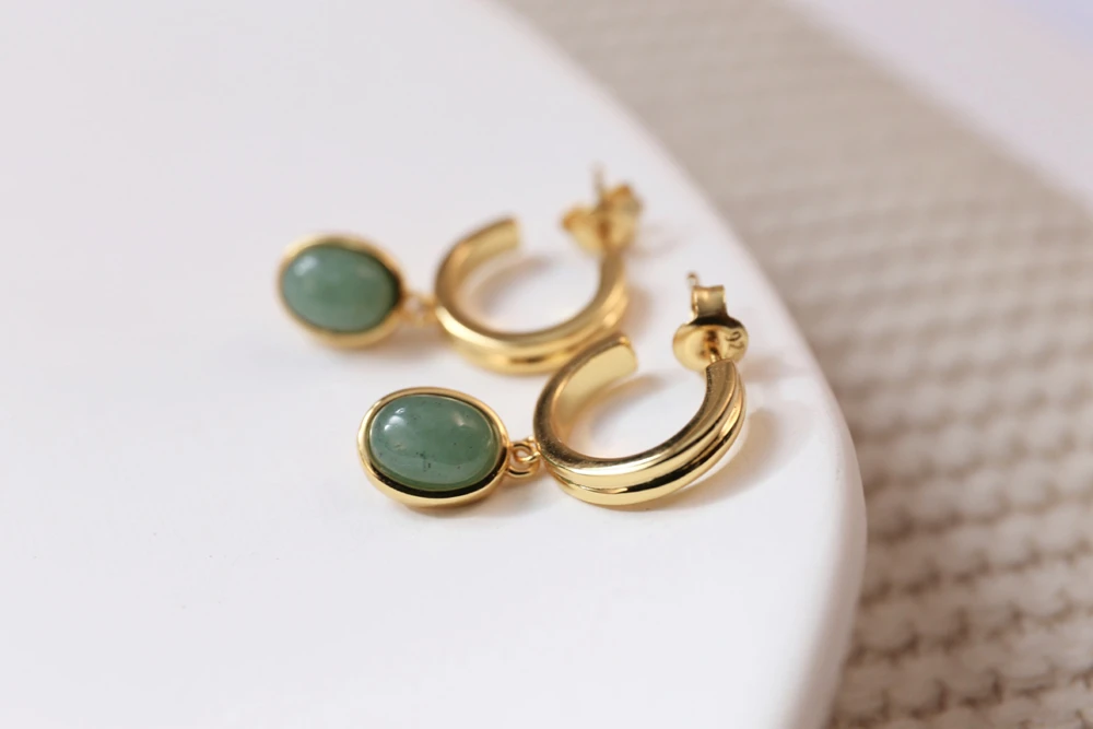 925 Sterling Silver 18K Gold Plated Fashion Jewelry Cc Aventurine Stud ...