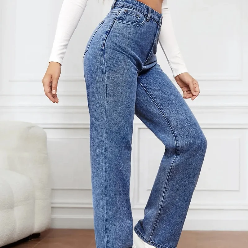 Hot sale women jeans washed color high waist Loose fit jeans straight ...