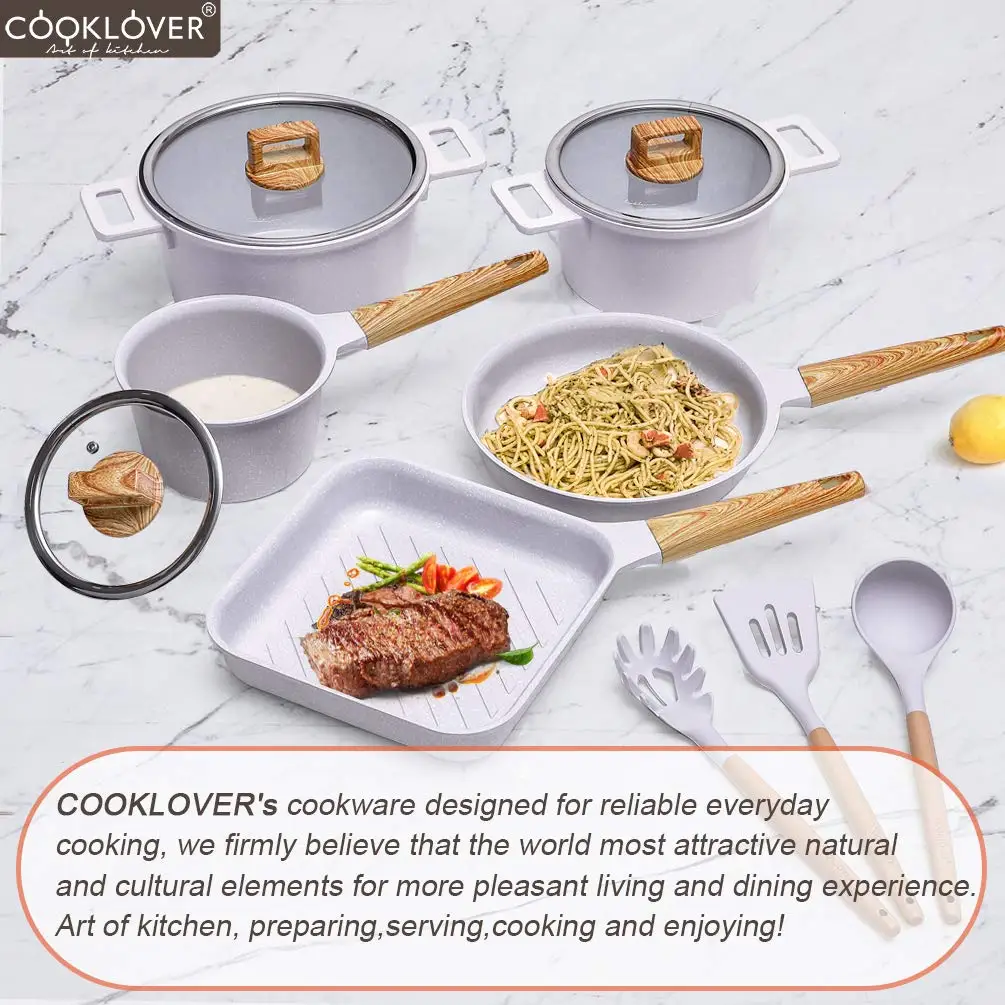 Cooklover White Granite Pot Set Woorden Handle Non Stick Cookware Set ...