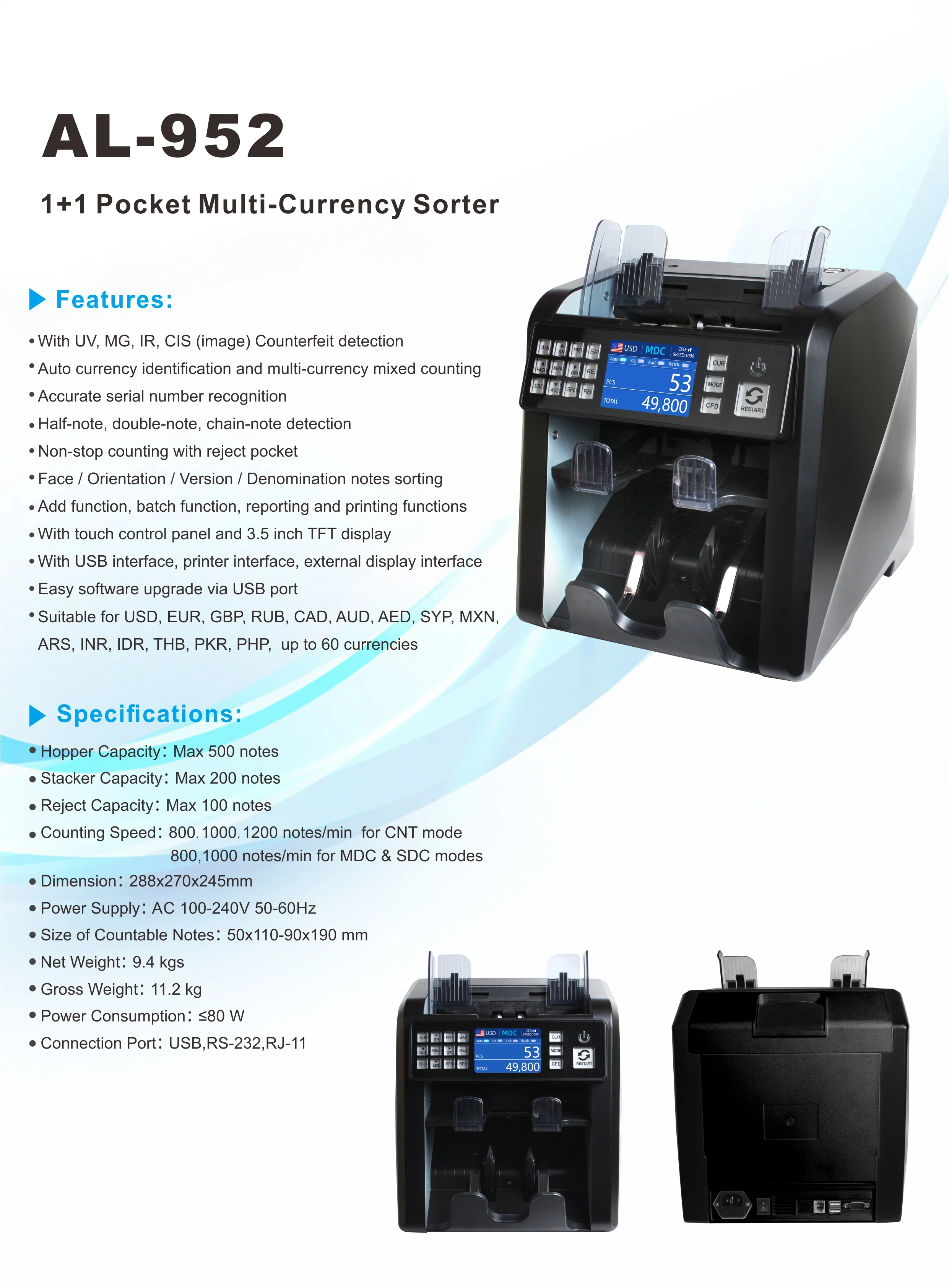 AL-952 Bill Counter Machine - 2 Pocket Mixed Denomination Currency ...