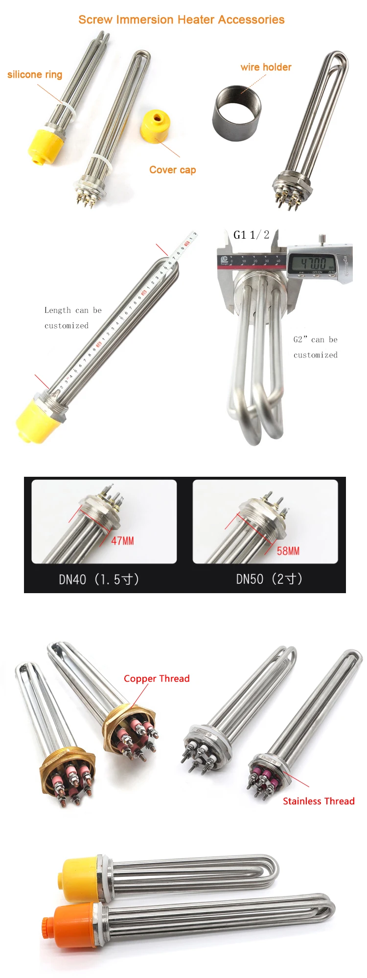 220v 3kw 6kw 9kw 12kw Stainless Steel Immersion Heaters