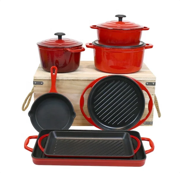 YFCOOK 7 Pieces Red Enamel Cast Iron Cookware Set - Non-stick
