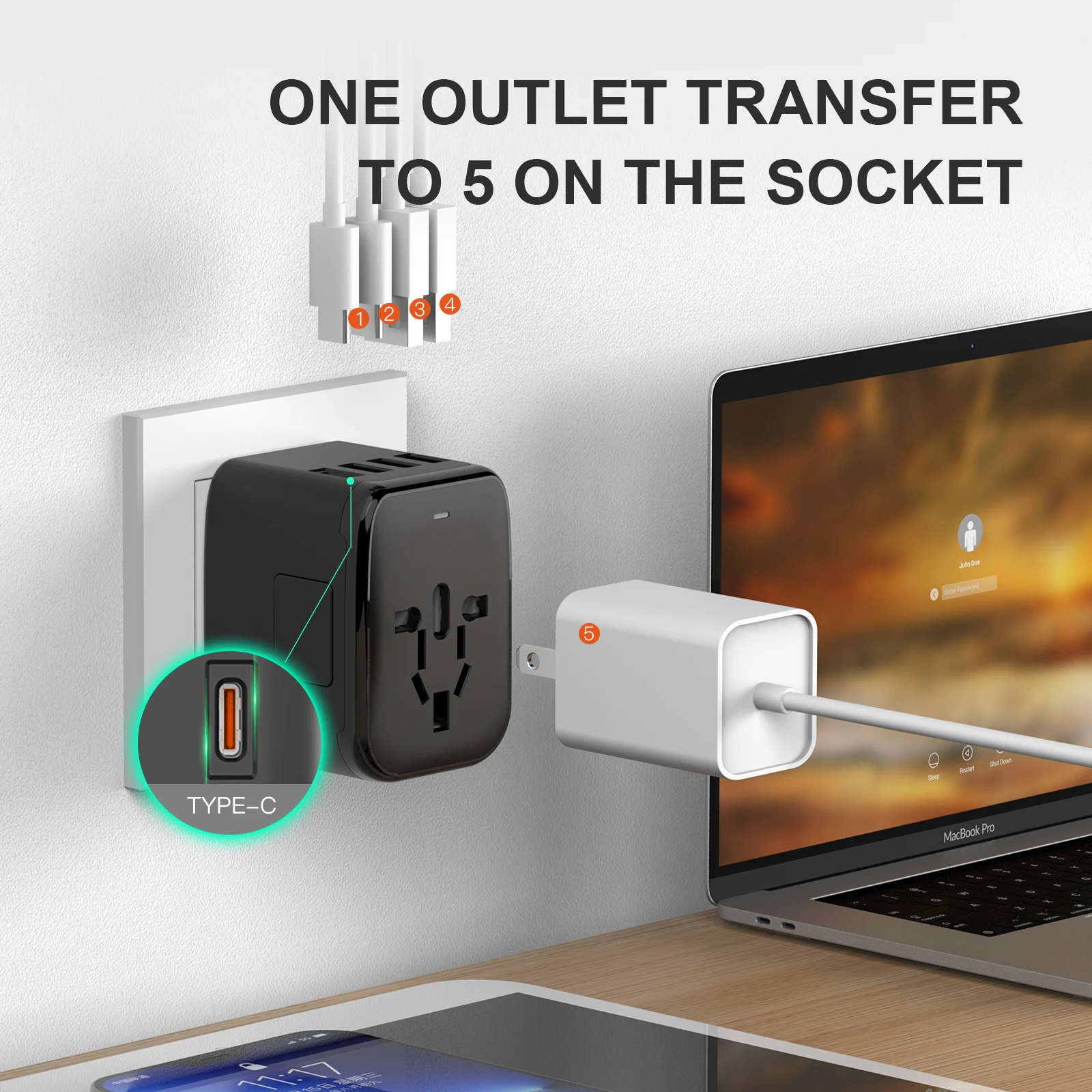 Universal Travel Adapter with USB and Type-C - 20W PD QC 3.0