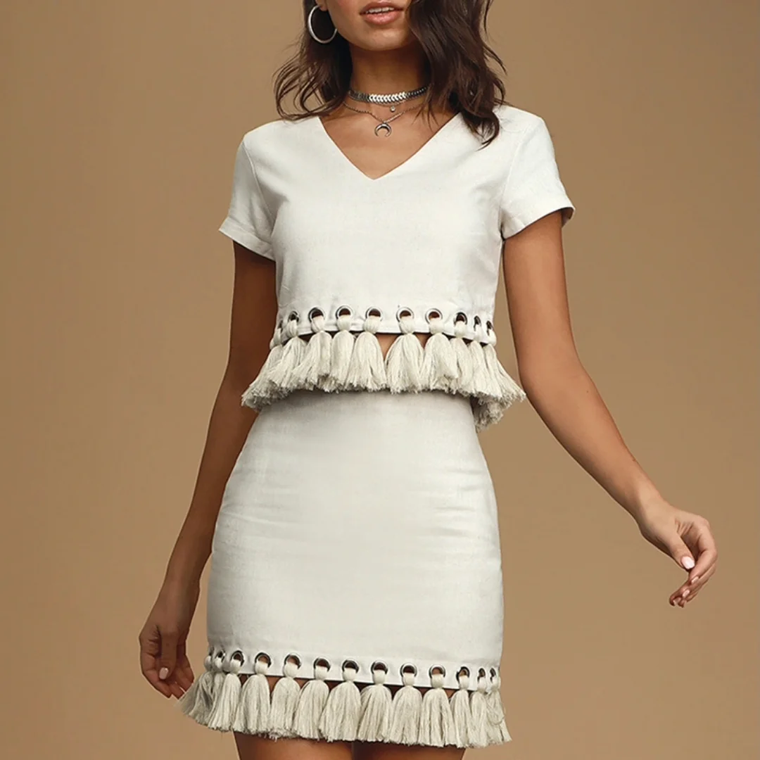 Beige Tassel Crop Top And Mini Skirts Two Piece Set Outfits Summer Two ...