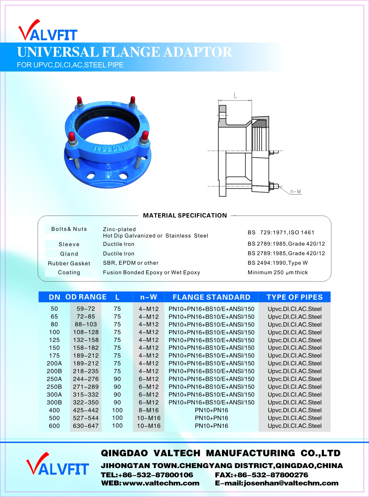 Flexible Large Range Universal Flange Adapter for Pvc/pe/steel/di Pipe