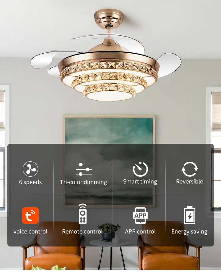 42 Inch Chandelier Ceiling Fan - Remote Control & LED Light