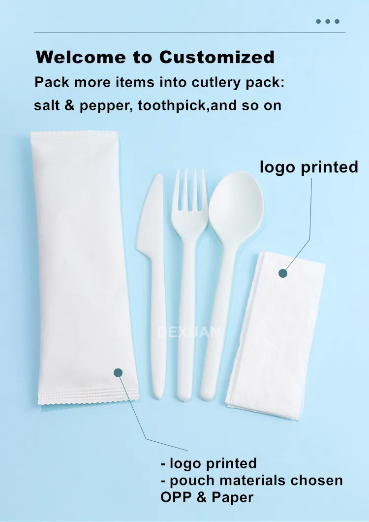 New Design Heavy Weight Disposable CPLA Cutlery Kits 100% Compostable Spoon Fork Knife Cutlery ...