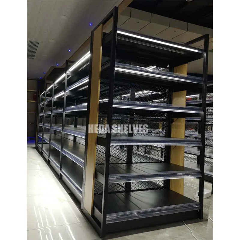 Versatile Black Gondola Shelving System With Integrated Light Bars for ...