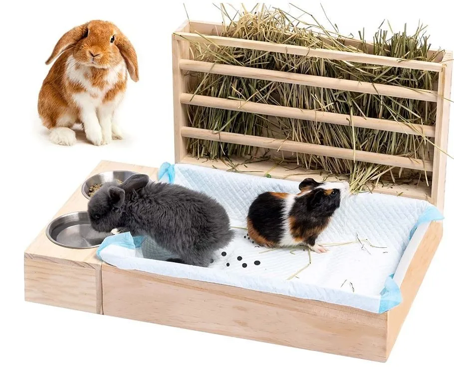 Rabbit Hay Feeder With Litter Box And Bowls,3 In 1 Wooden Feeder Toilet ...