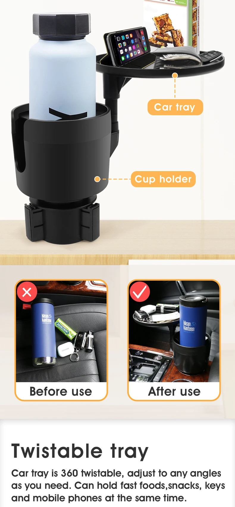 Car Cup Holder Expander and Attachable Tray Fits 16-40 oz Large Cup ...