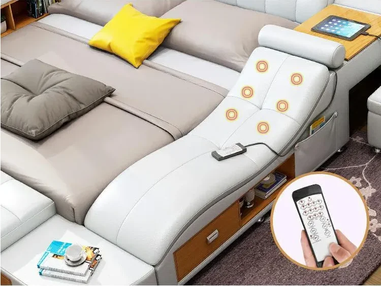 Smart Leather Bed with Storage and Message Function
