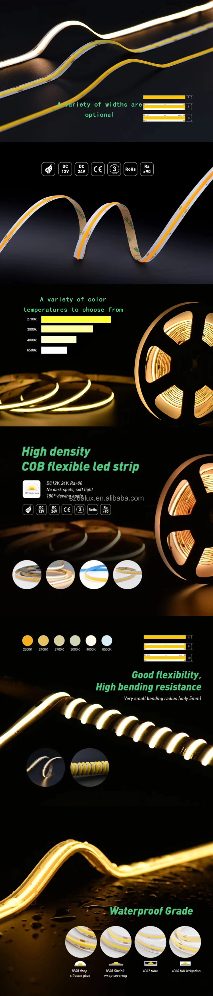 3000K Dimmable 12V 24V Ultra Bright Warm White COB Light Strip Kit ...