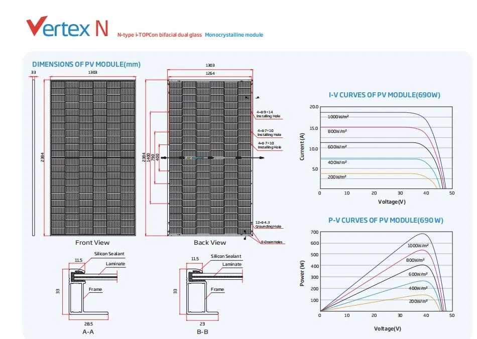 Trina Vertex N-type I-topcon Bifacial Dual Glass Solar Panel 690w 700w ...