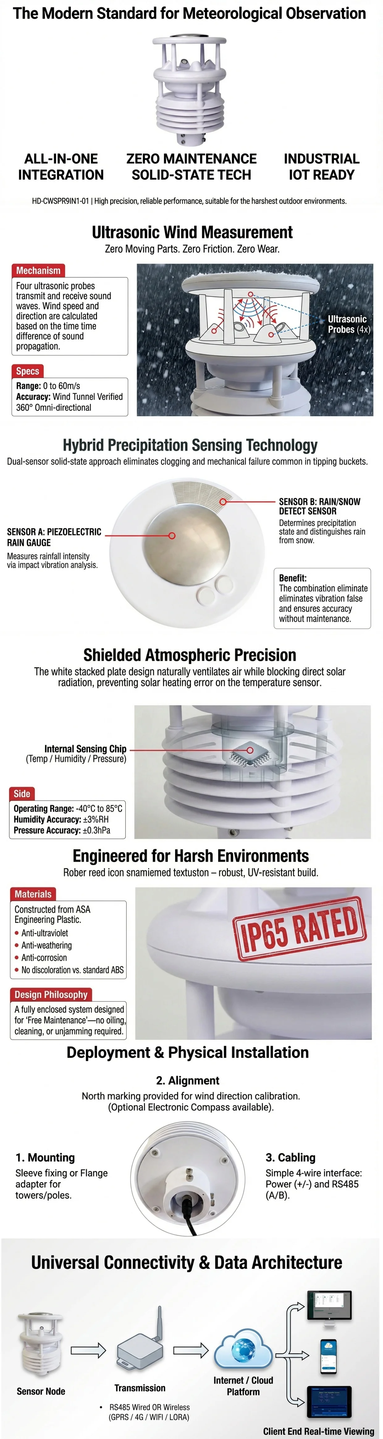 RS485 All in One Piezoelectric Rain Gauge - Weather Station