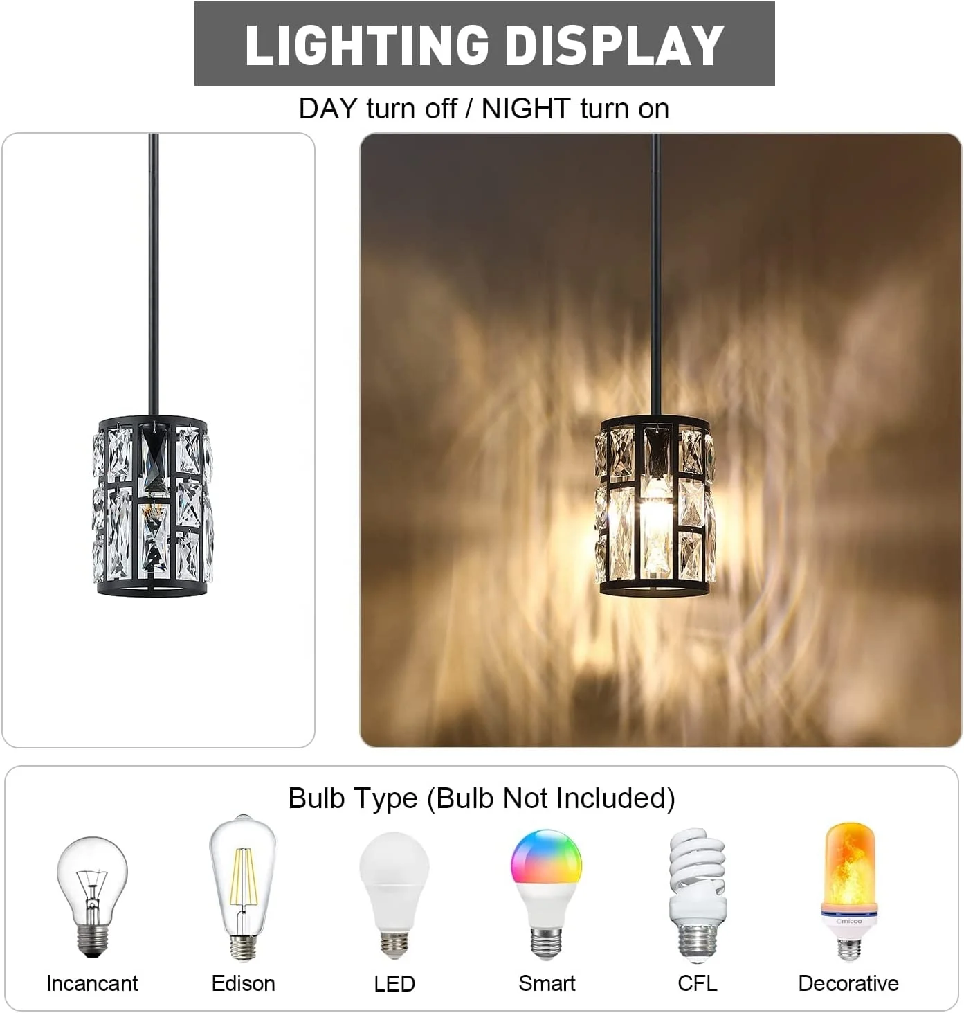 Black Crystal Pendant Light Fixture Modern Hanging Lighting Mini ...