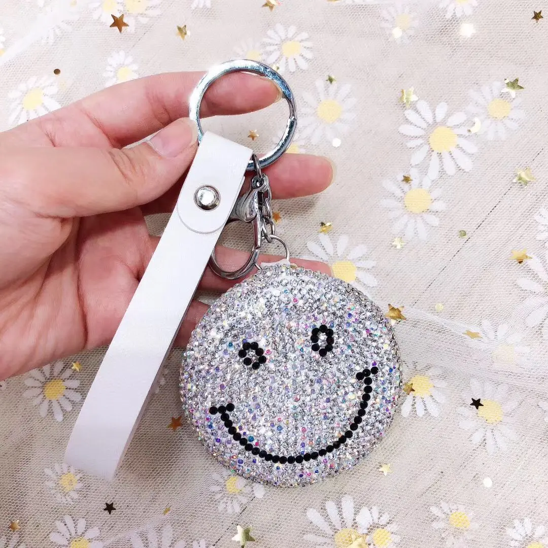 Lovely Smiling Happy Face Mirror Key Ring Diamond Handy Makeup Mirror ...
