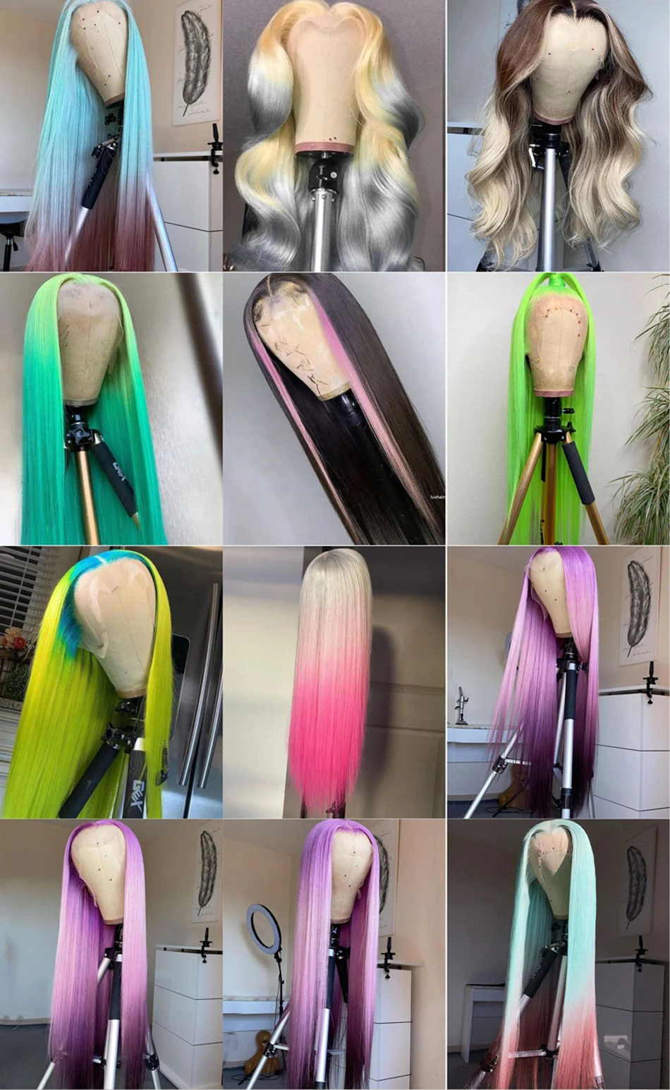 Split Hair Color Wigs - Half Pink, Half Blonde, Half Black