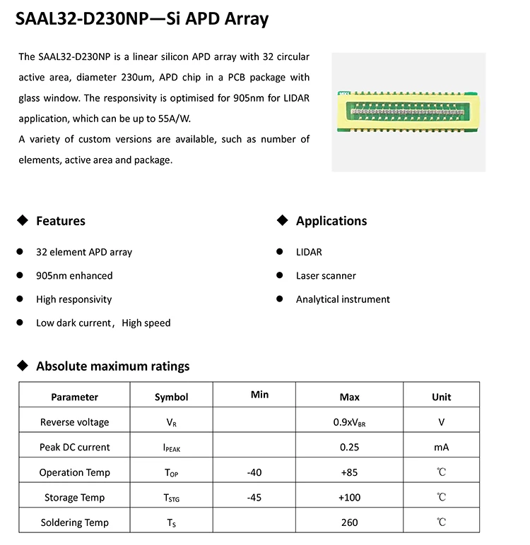 激光雷达用硅APD阵列1x32雪崩光电二极管APD线性阵列印刷电路板封装| Alibaba.com