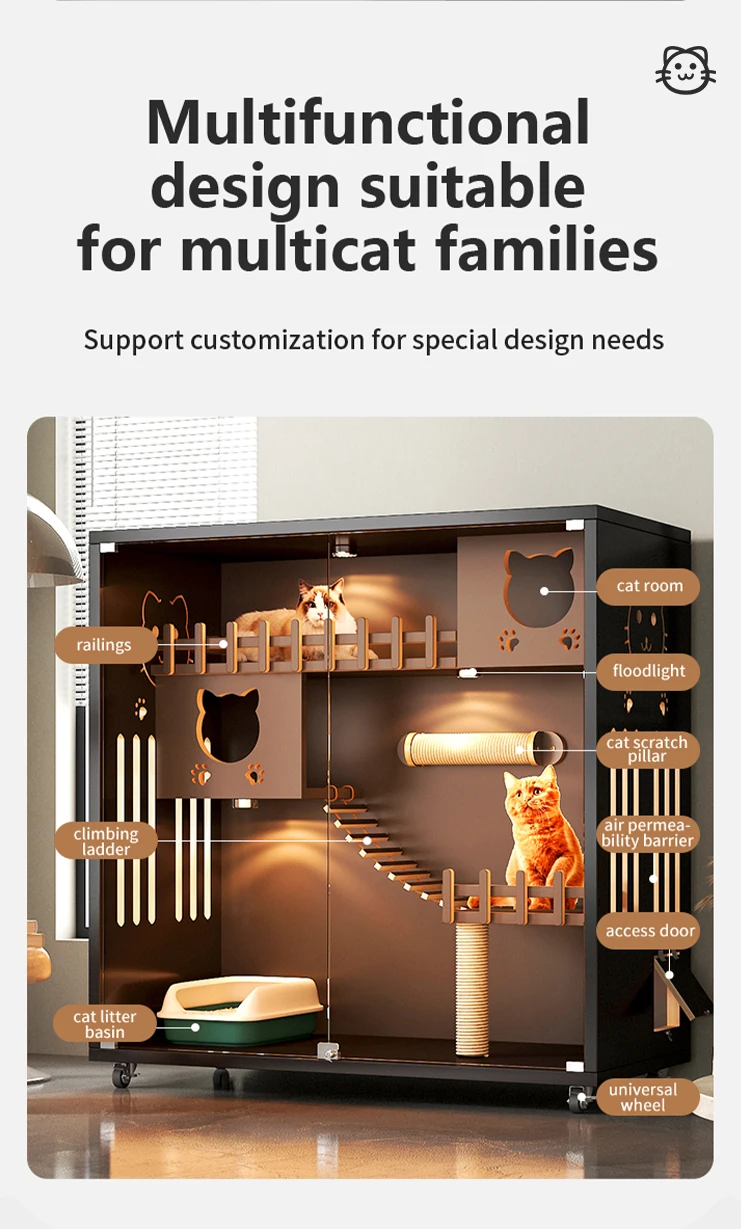 Luxury Pet Cat Cage House - Panoramic Light & Solid Wood
