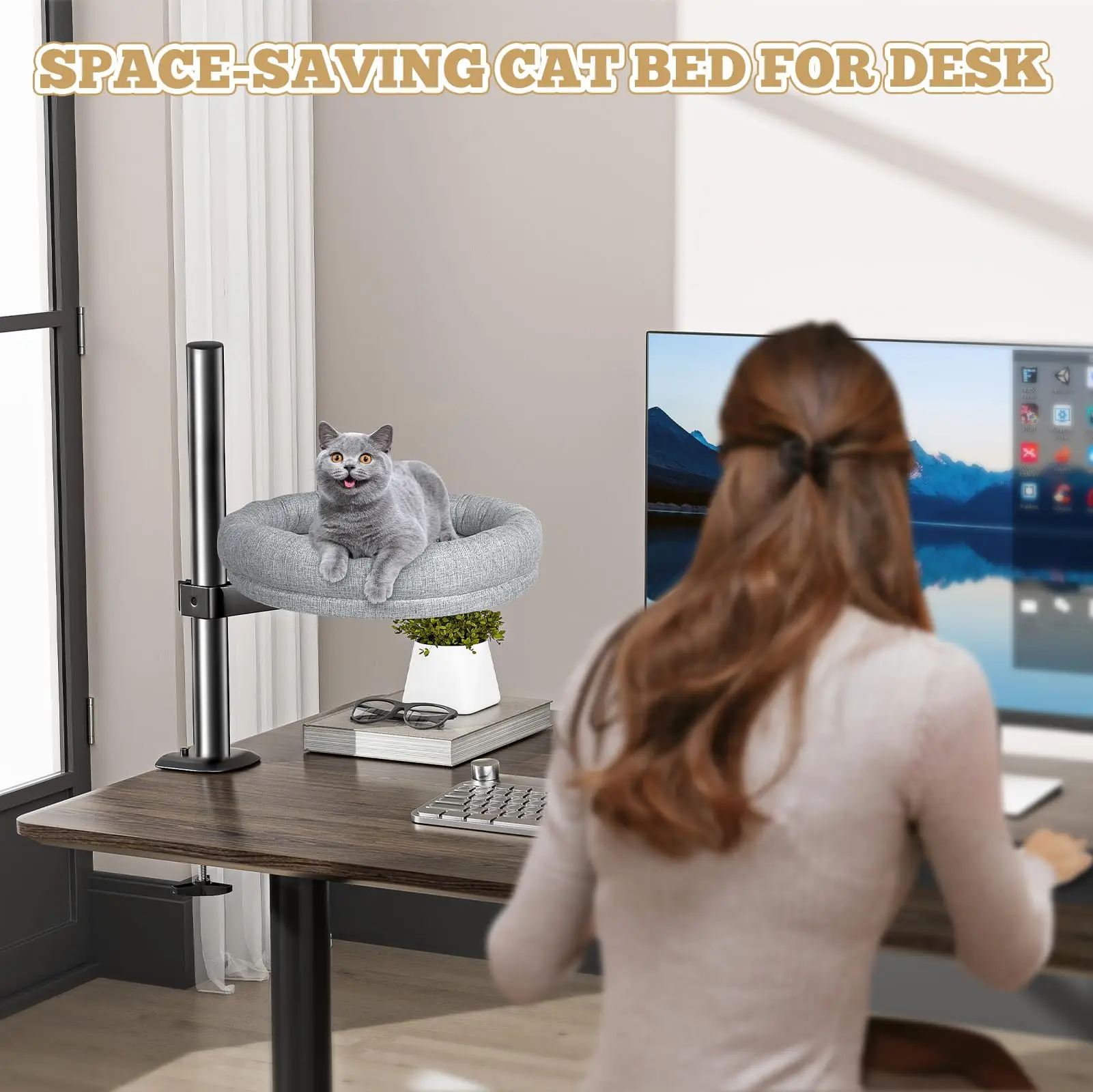 ZMaker 2025 New 360° Rotation Cat Desk Bed Round Office Cat Desk Perch ...