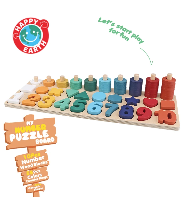 Happy Earth - Wooden Number Puzzle Montessori Shape Sorting Counting ...