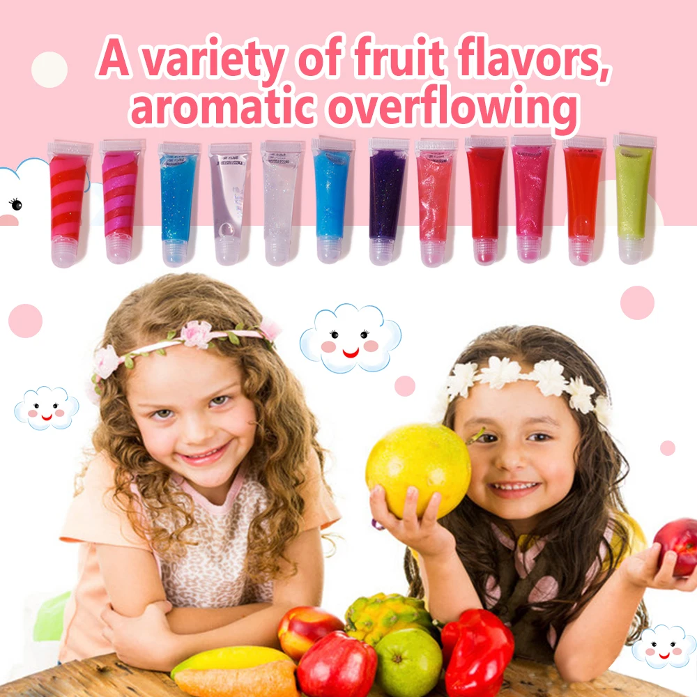 12pcs Strawberry Peach Grape Apple Clear Fruit Flavor Kid Lipgloss Kids ...