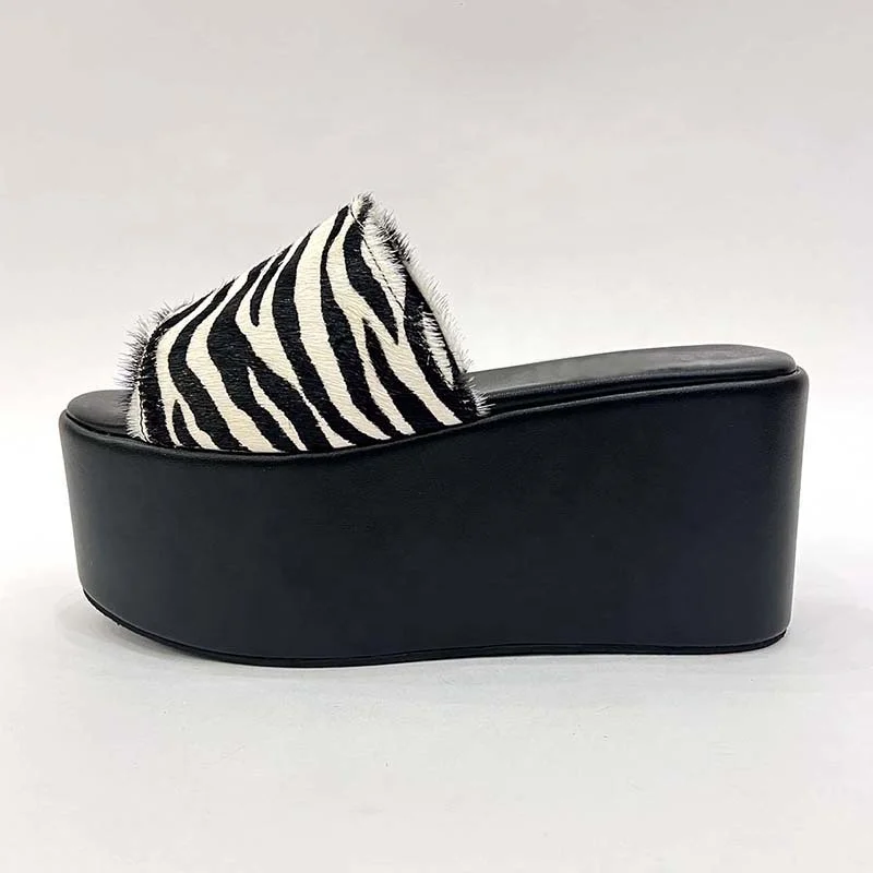 Hot sale women's high platform open toe mules shoes zebra hair slides ...