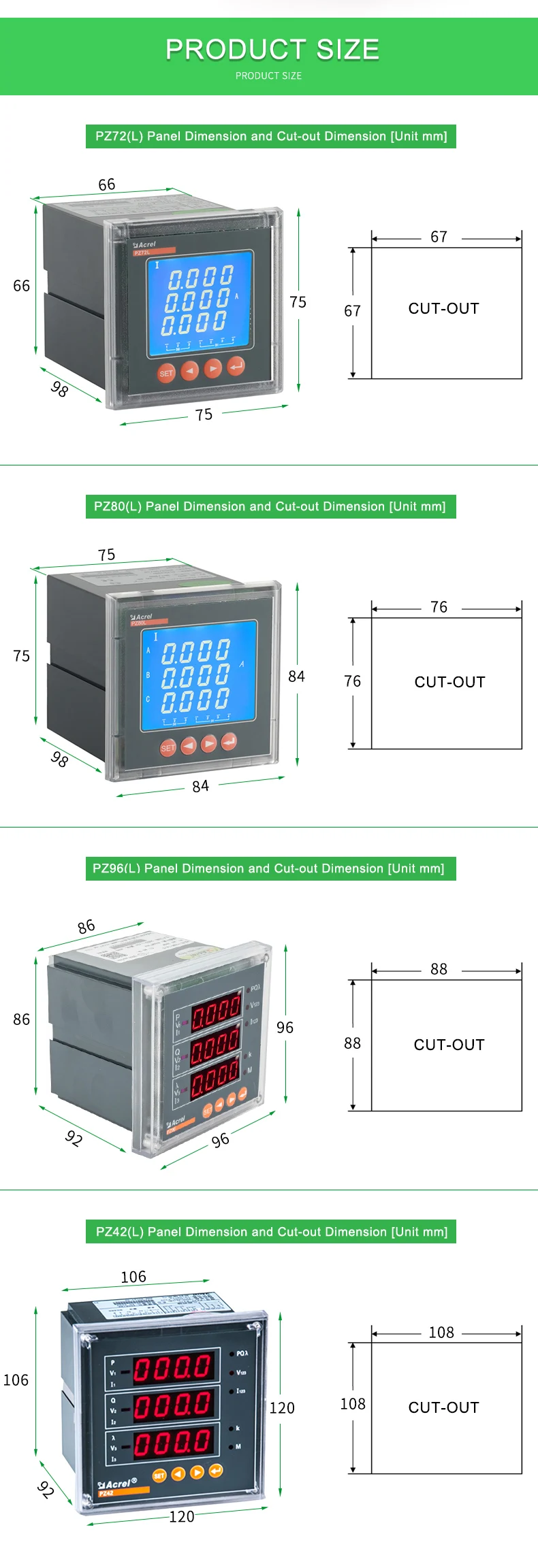 Acrel PZ96L-E3 Three Phase Three WireMulti-function Digital Panel Power ...