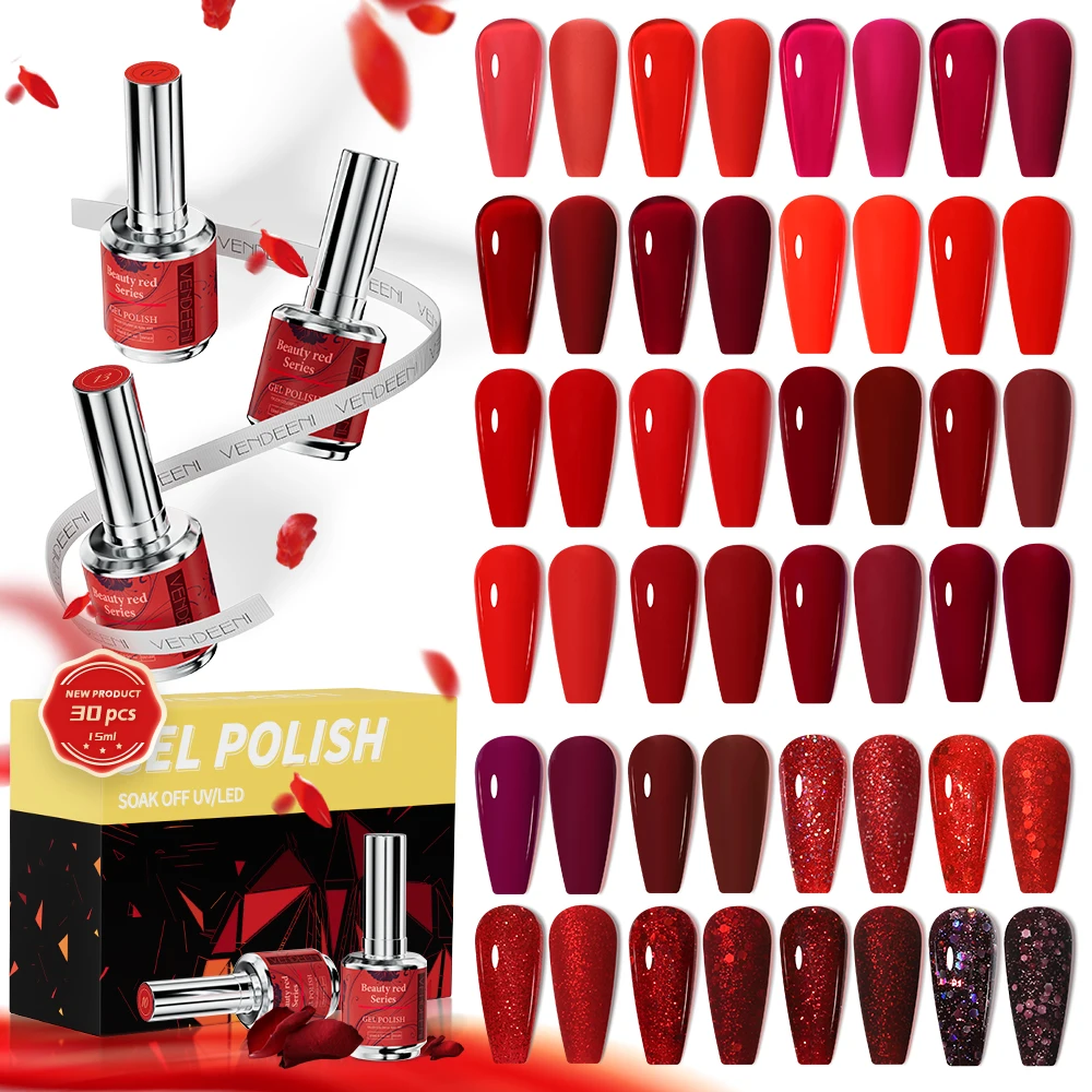Hot Sale Solid Color Red Uv Gel Polish 15 Ml Gel Nail Polish Kit 30 ...
