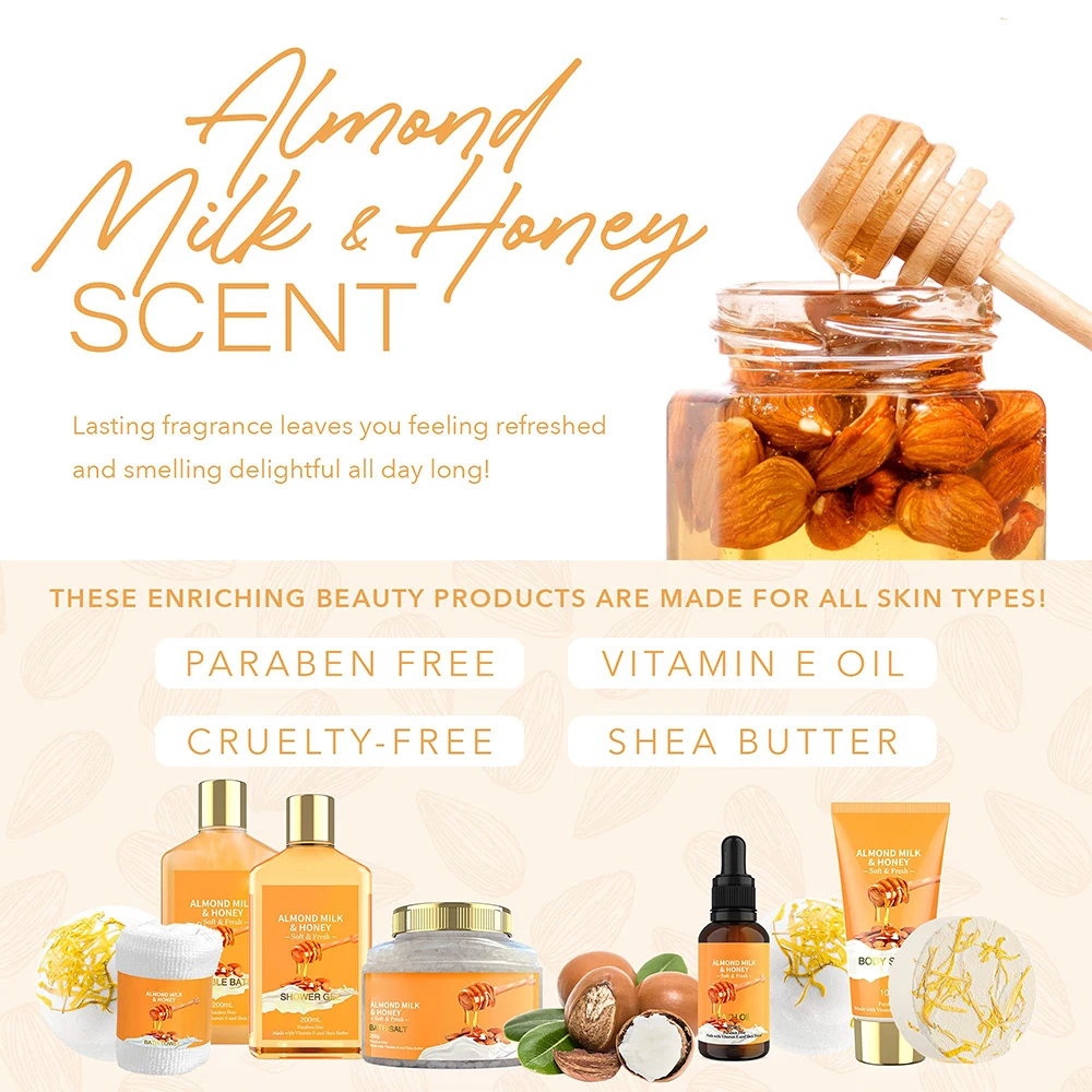 10 Pc Almond Milk & Honey Beauty Care Set for Relaxing Stress Relief