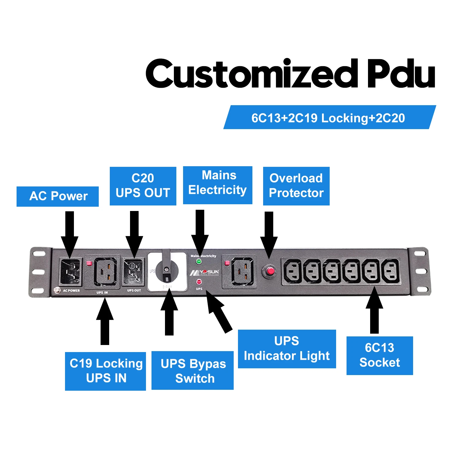 16A 7-Way IEC C13 C19 C20 Locking Bypass PDU for Data Center