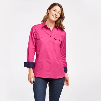 Custom Logo Ladies 100% Cotton Button Up Long Sleeve Country Work Shirt ...