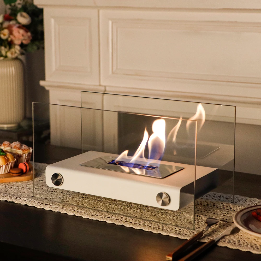 Rectangle Glass Tabletop Fire Pit - White Smokeless Fireplace