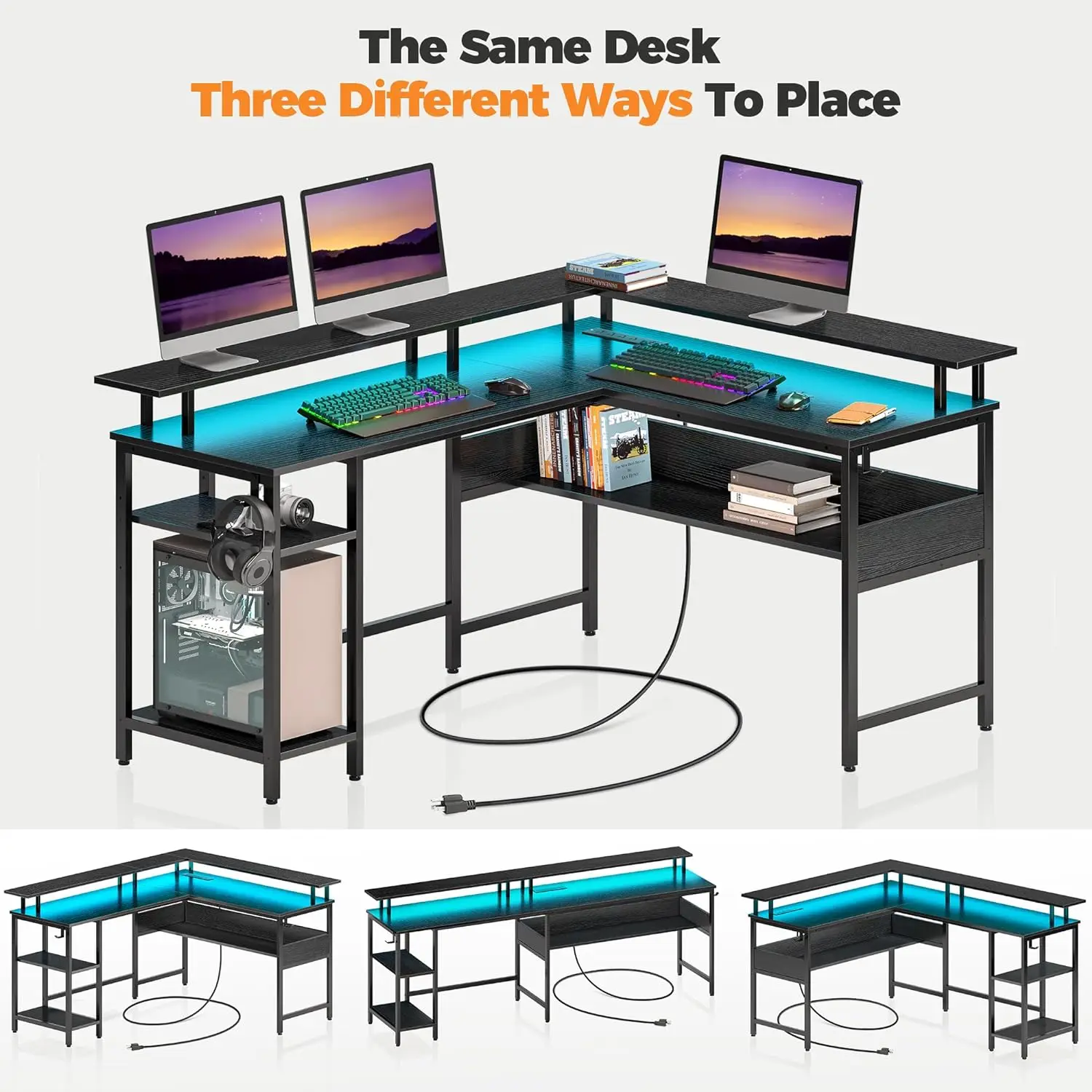 Modular L-shaped Computer Desk With Led Lights And Power Outlets ...