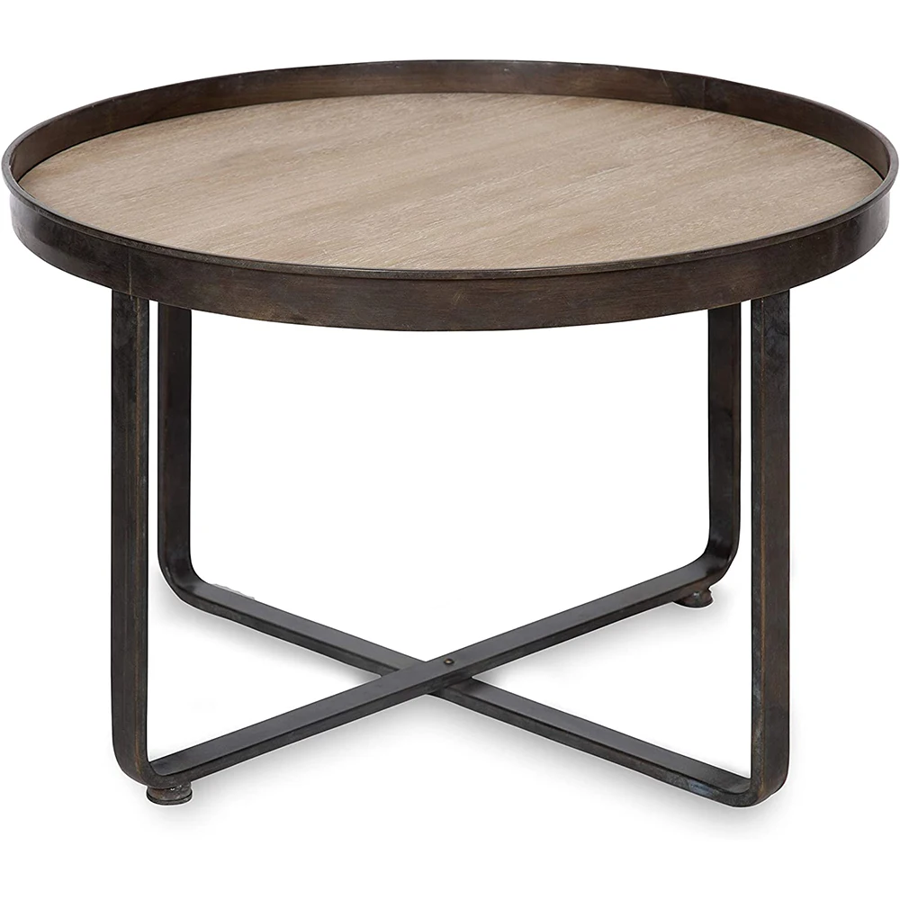 Modern Farmhouse Round Coffee Table Rustic Side Table Metal Wooden Tray ...
