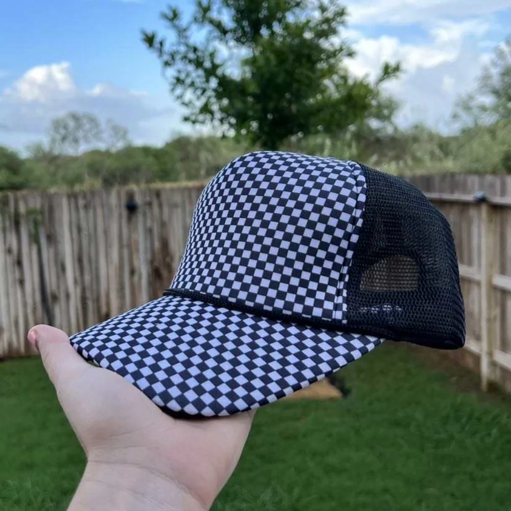 Custom Checkered Mesh Trucker Hat Fashion Causal Checkered Baseball Cap ...