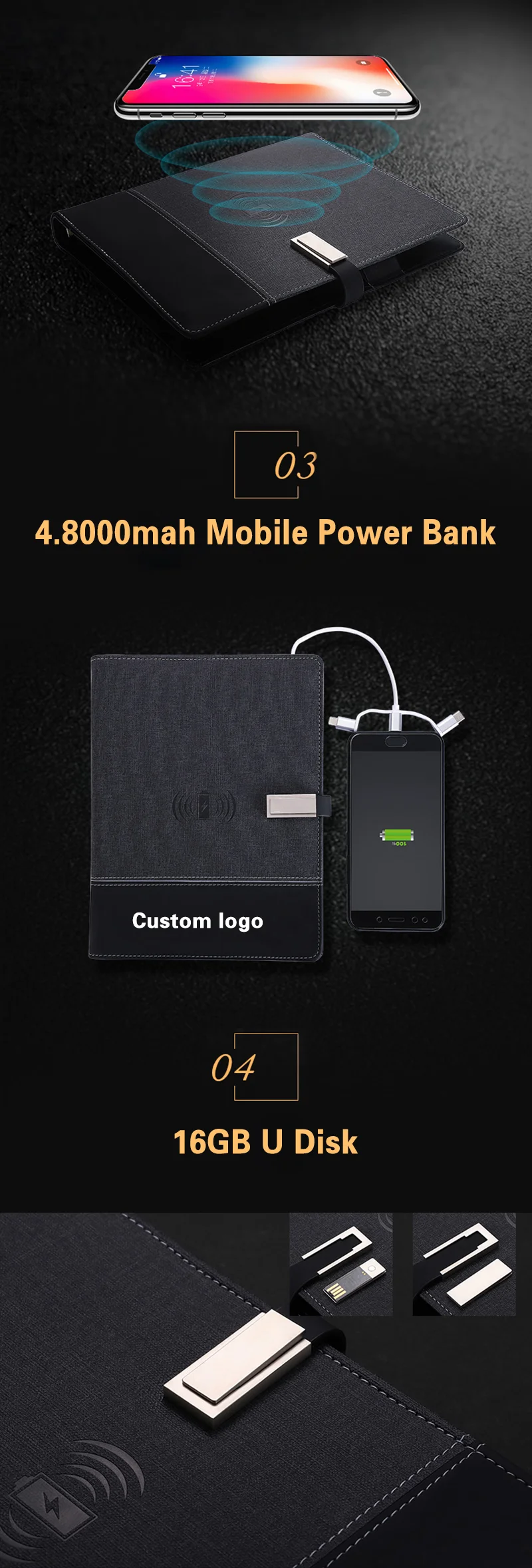 A5 Custom Leather Smart Wireless Charger Planner Diary Notebook With ...