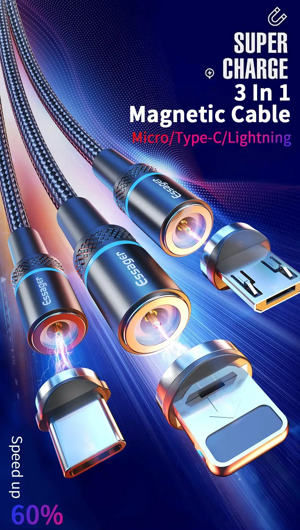 Essager 3 In 1 Magnetic Cable For Iphone Xiaomi Android Usb Type C ...