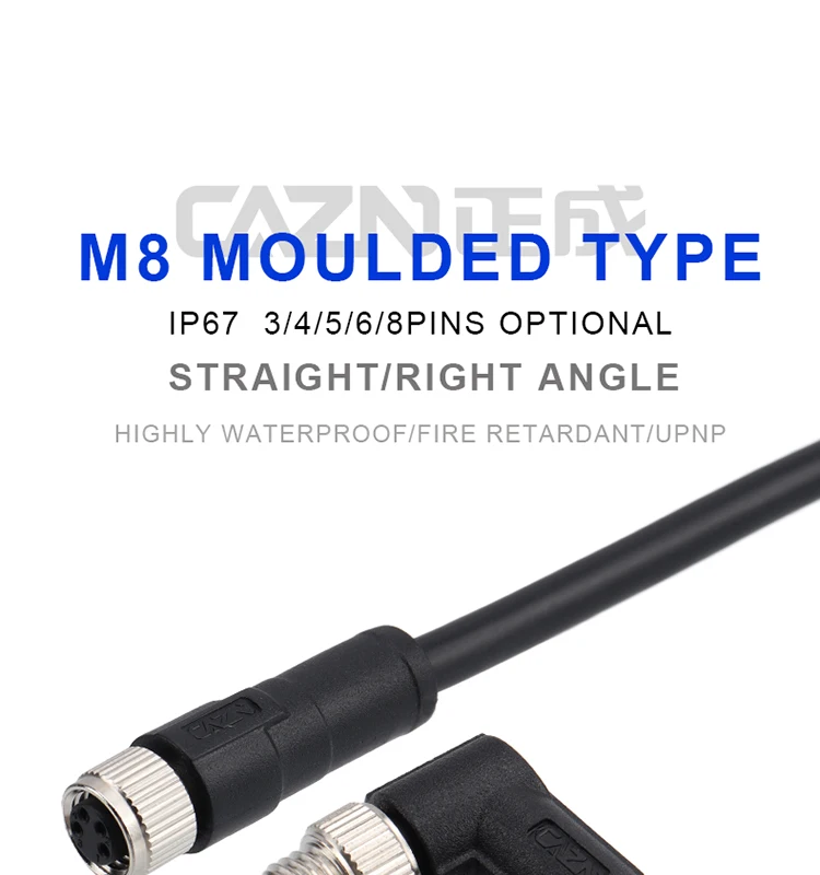 M8 Molded Cable Straight 90 Degree Male Female Ip67 Waterproof Connector Shielded Cable Leads ...