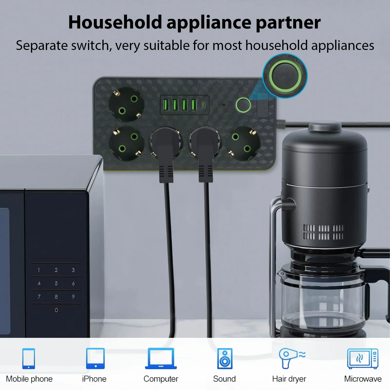 GELISTAR Power Strip - 4 Gang 4 USB 1 Type C Extension Socket