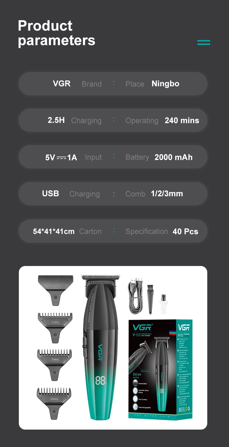 VGR V-906 Hair Trimmer - Professional, Cordless, and Durable
