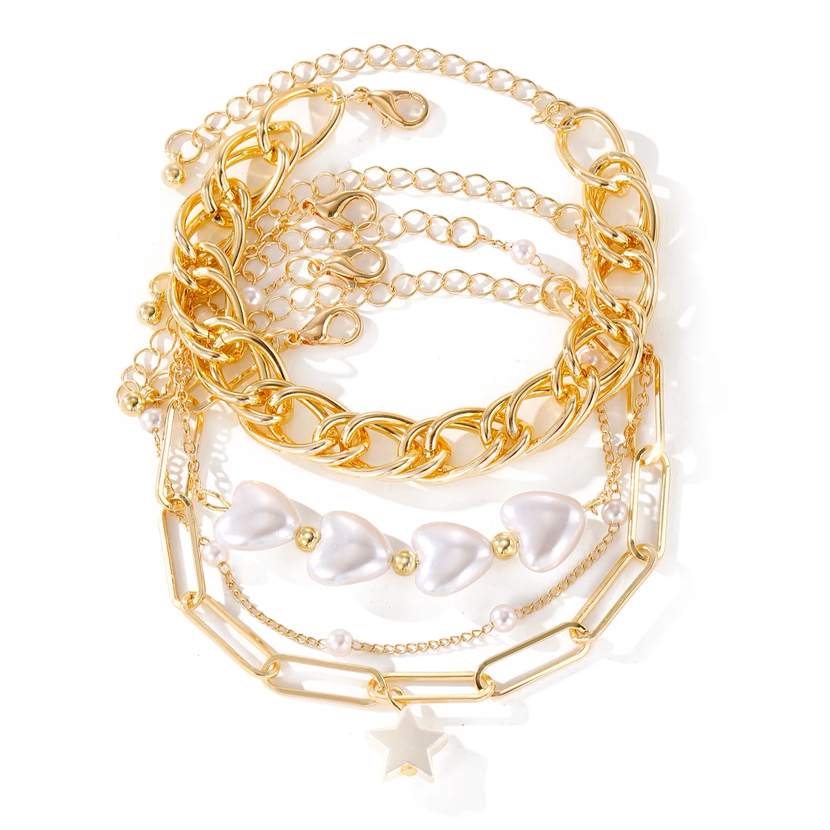 4pcs Trendy Gold Plated Star Heart Pearl Link Chain Bracelets