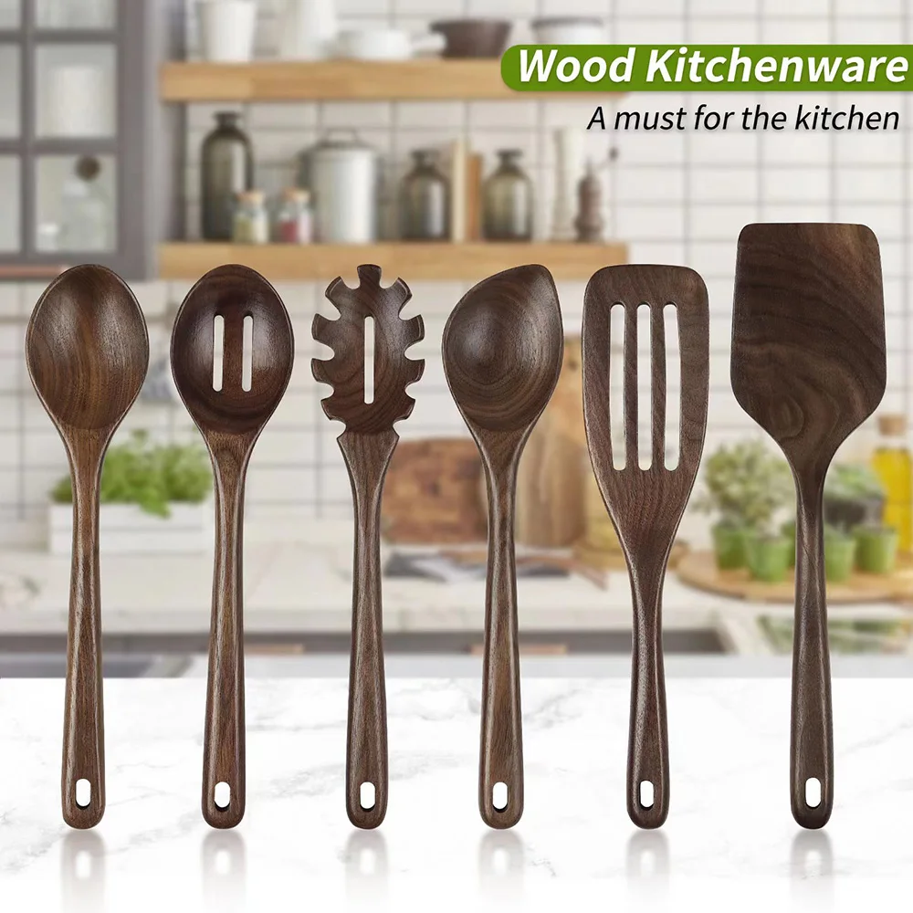 6 Pces 12 Inch Kitchen Cooking Long Handle Natural Black Walnut Wooden ...