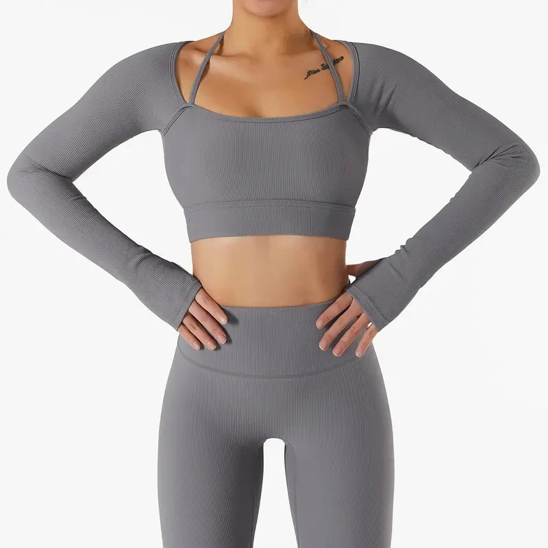 Joyyoung Ribbed Yoga Top Women Sports Suits Bra Long Sleeved Workout ...