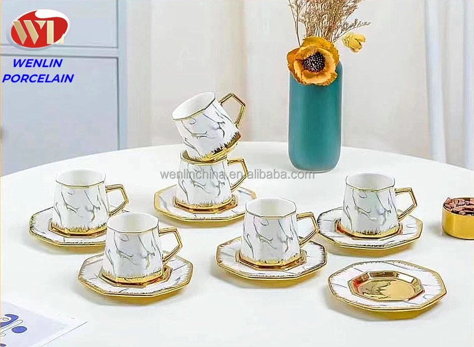 Golden Polygon Coffee Mugs Cup And Saucer Tea Set Bone China Arabia ...