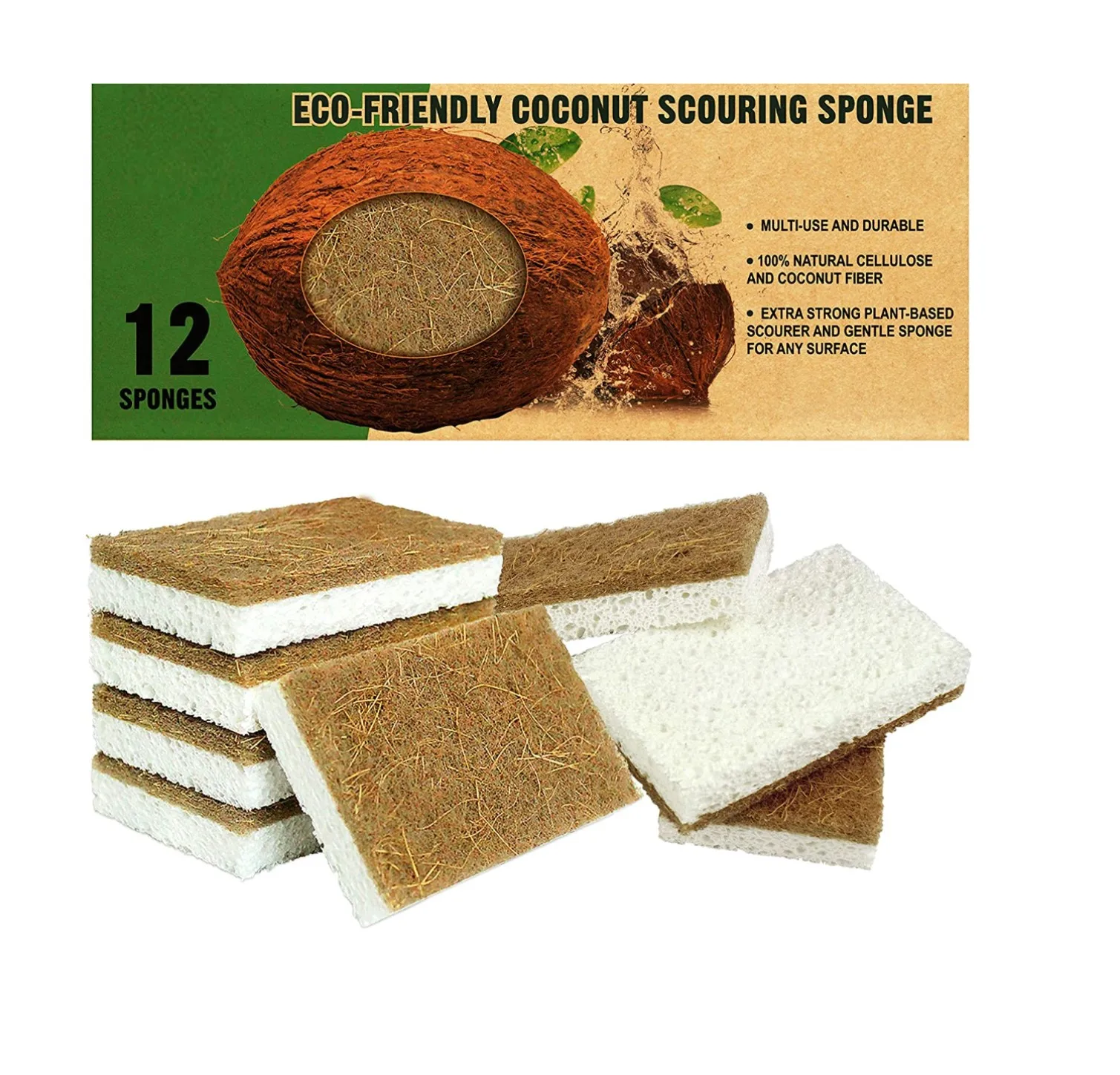 12-pcs Pack Natural Compostable Plant Based Kitchen Scrubber Sponge ...