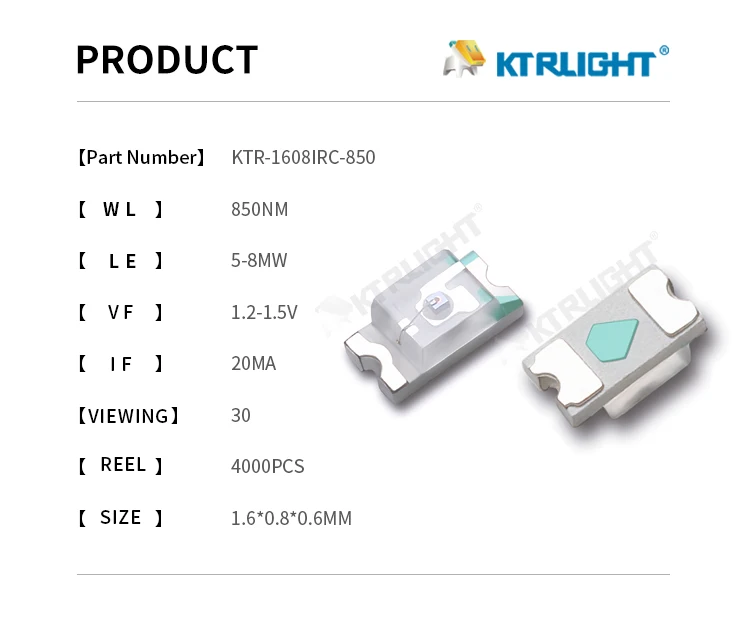 KTRLIGHT RTS 1608 IR Emission SMD LED 850nm 940nm 0.06W 0603 LED Chip ...