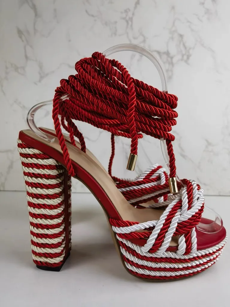 Hemp Rope Espadrilles Women's Sandals High Heels Ankle Straps Block ...