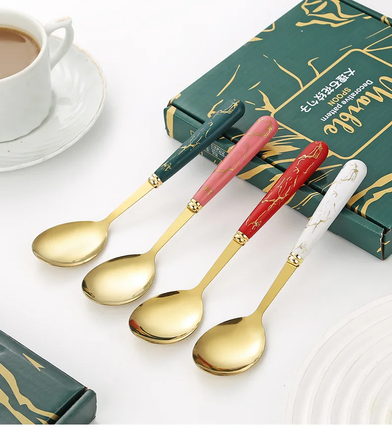 Stainless Steel Spoons with Marble Pattern and Porcelain Handle